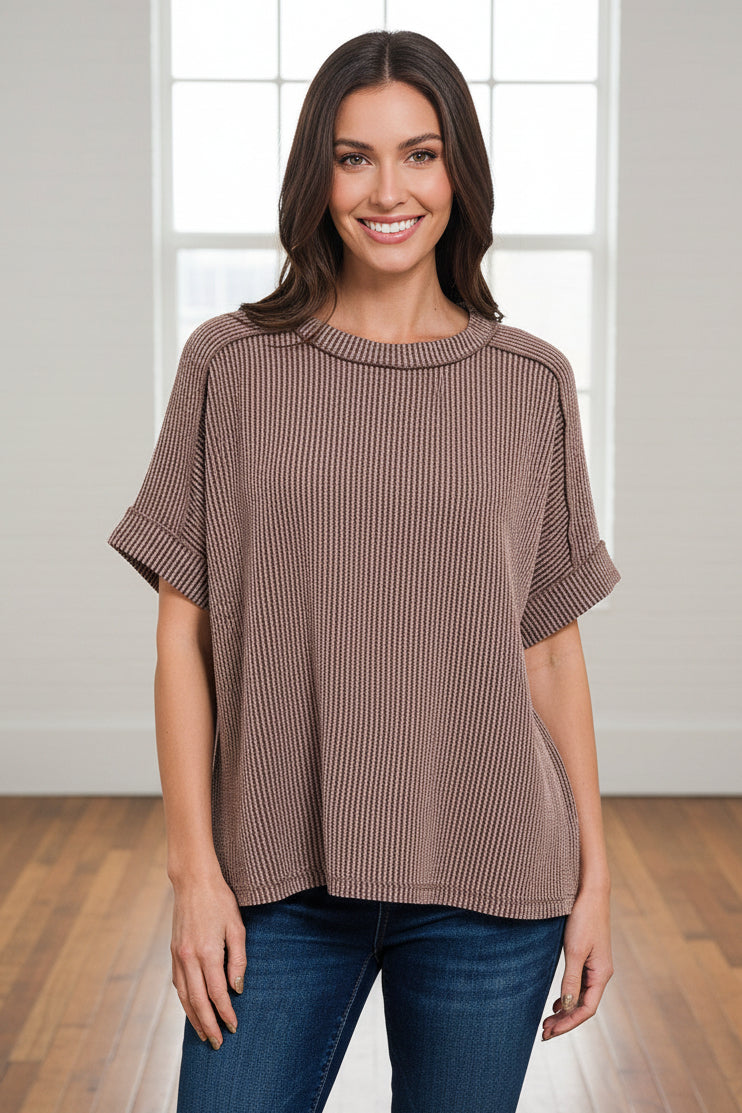 Zen Rib Round Neck Hi-Low Tee (Brown) – Vibe Apparel
